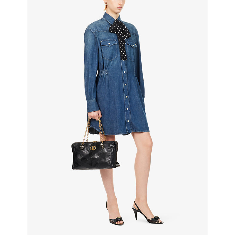 VALENTINO Valentino Garavani Denim Midi Shirt Dress with Polka Dot Scarf Tie